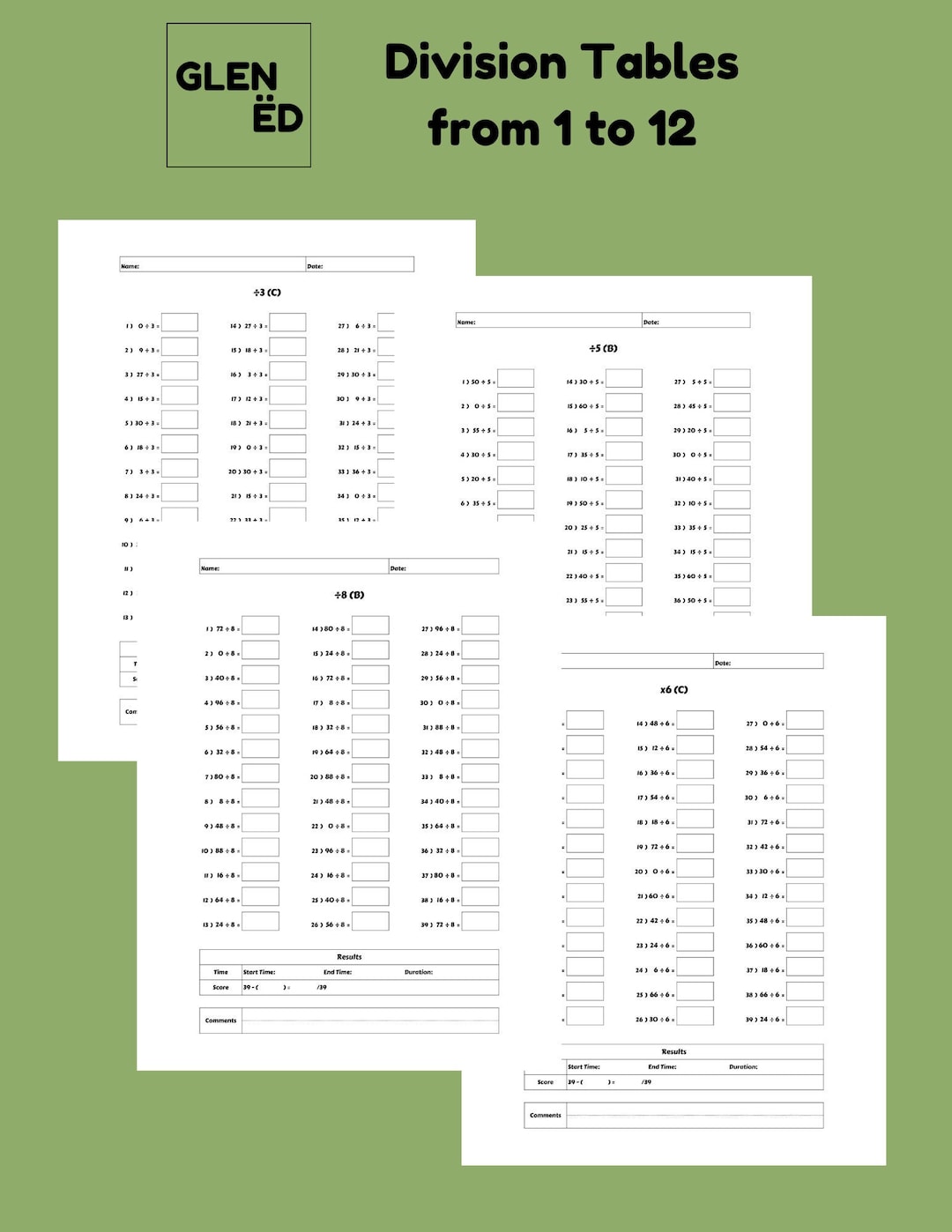 Division Worksheets From 1 to 12 - Etsy