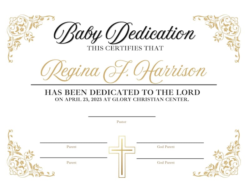 White & Gold Baby Dedication Canva Editable Christening Certificate ...