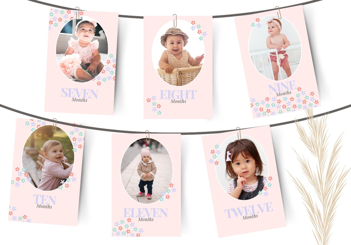 Flower 1st Year Birthday Photo Banner Template, Pink Wildflower Monthly ...
