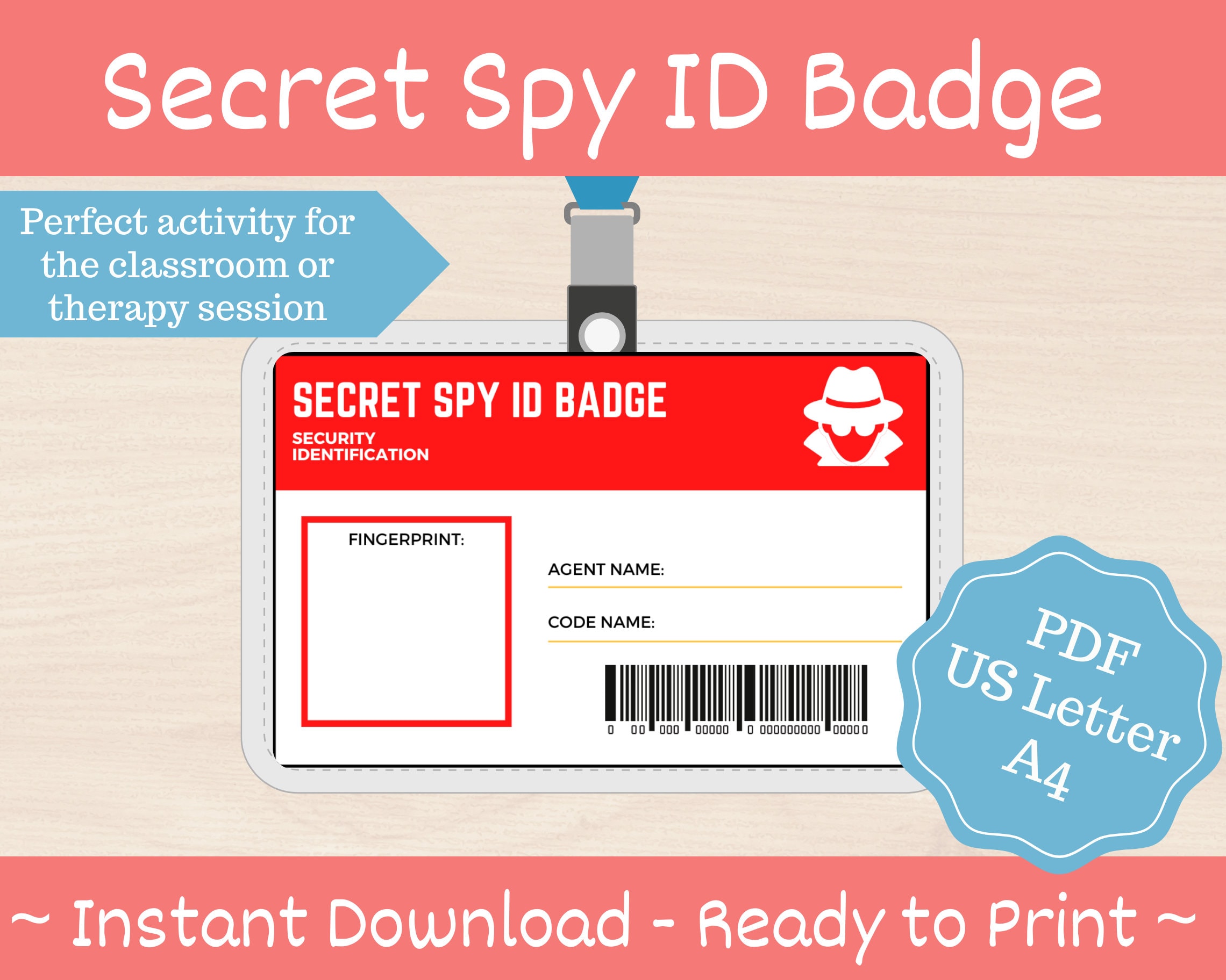 Secret Spy ID Badge Agent Security Tag Ready to Print Instant Download ...
