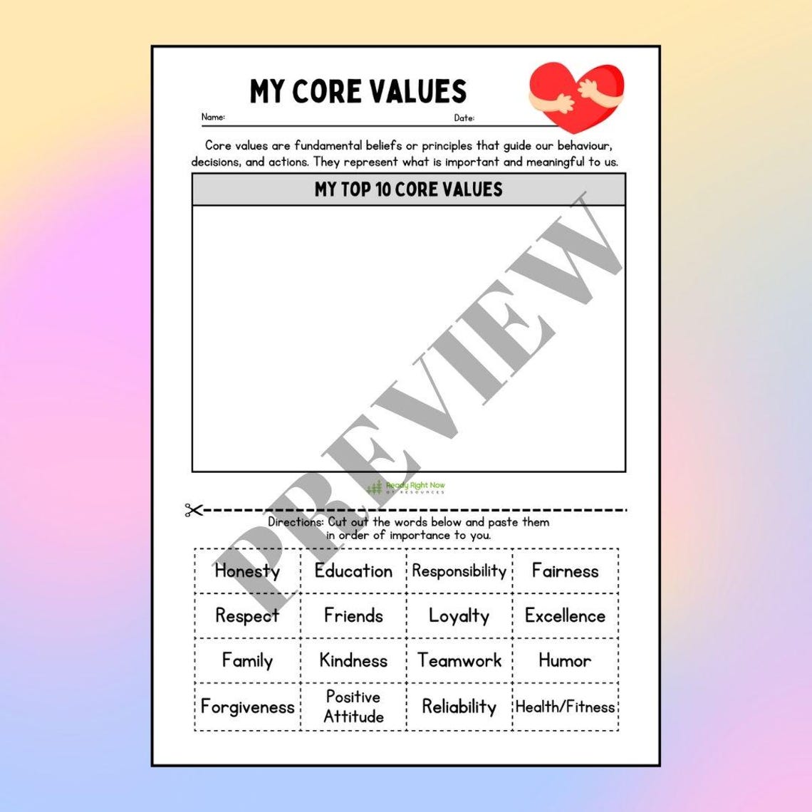 My Core Values Worksheets | Social Emotional Learning | 2 X Ready to ...