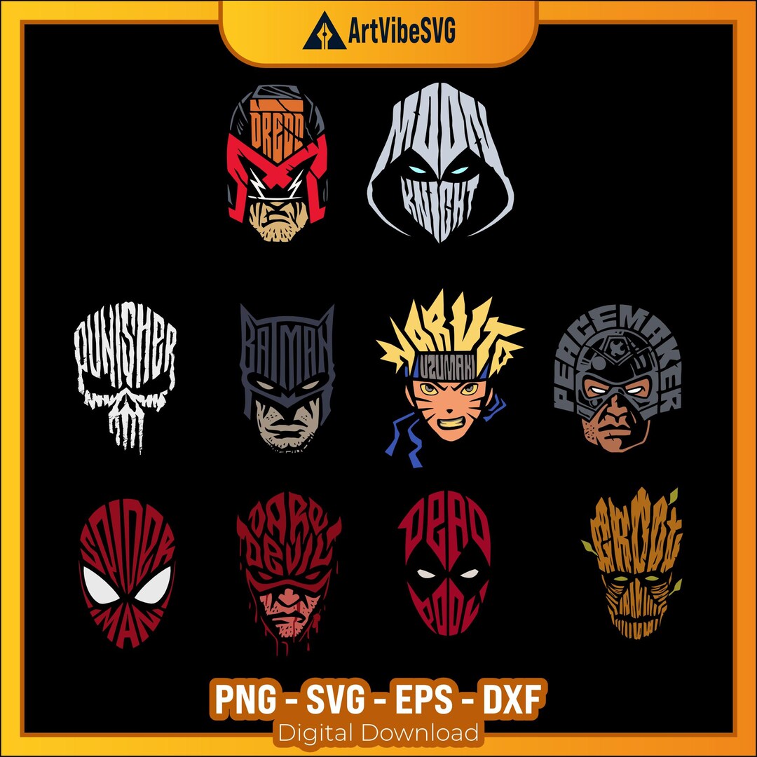 10 Superhero Heads SVG Bundle for Trendy Digital Art, Unique Crafts ...