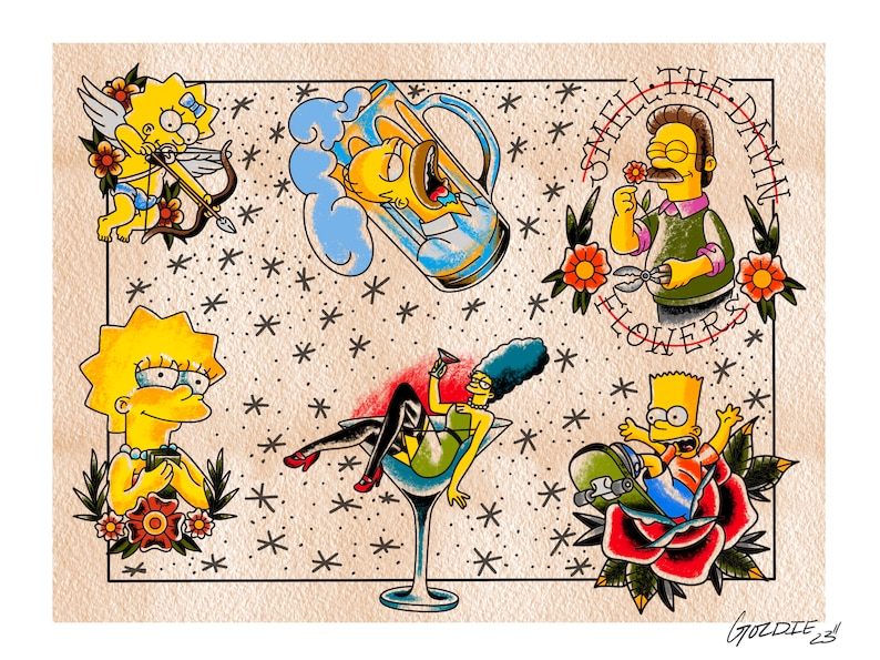 The Simpsons Flash Sheet, Pop Culture Flash, Flash Sheet, Tattoo Decor, Tattoo Art Print - Etsy