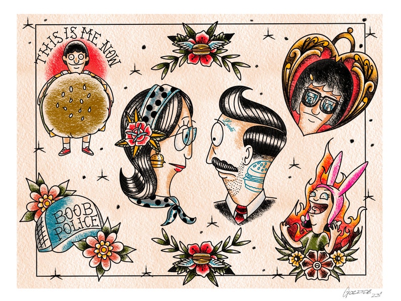 Bobs Burgers Tattoo Flash Sheet Pop Culture Tattoo Flash Traditional Flash Tattoo Tattoo