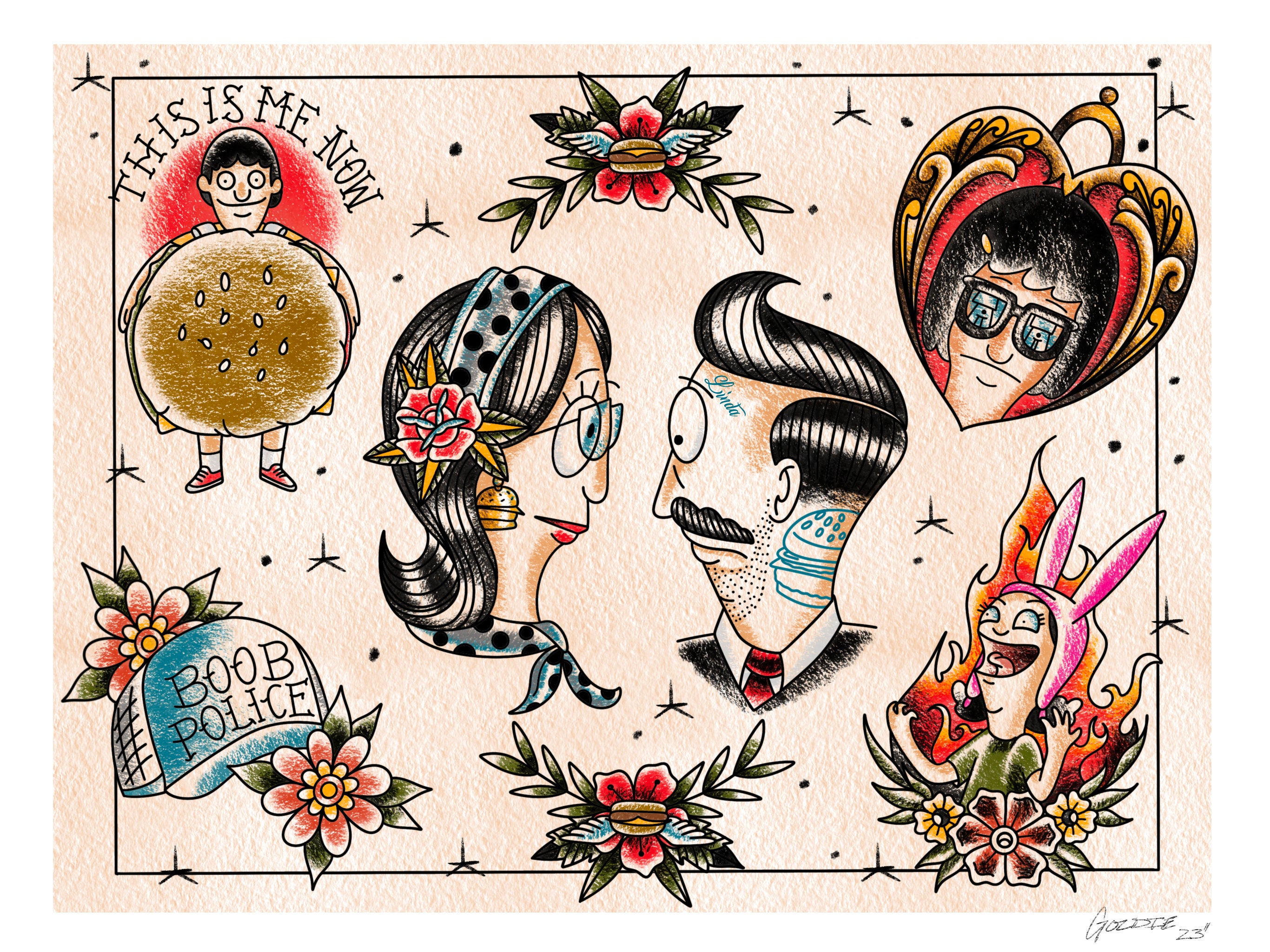 Bobs Burgers Tattoo Flash Sheet Pop Culture Tattoo Flash Traditional Flash Tattoo Tattoo