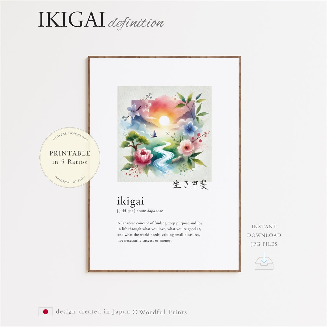 Ikigai Definition Print Japanese Calligraphy Wallart, Motivational ...