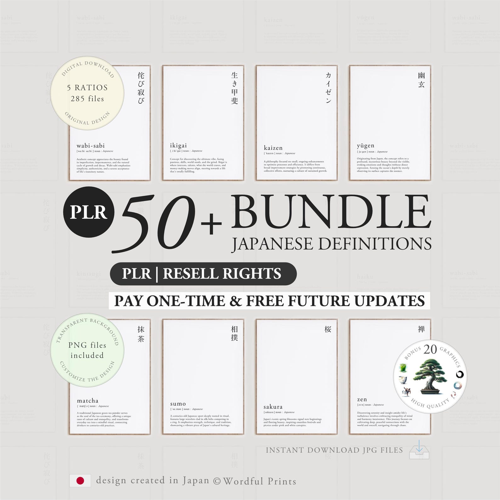 PLR, 57 Japanese Definition Print Bundle, Wabi Sabi, Ikigai, Kaizen ...