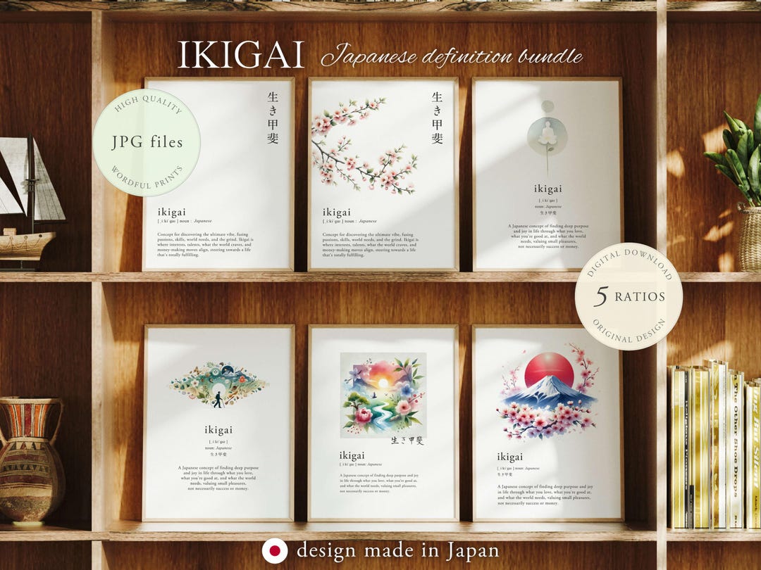 6 Ikigai Definition Print Bundle, Japanese Calligraphy, Motivational ...