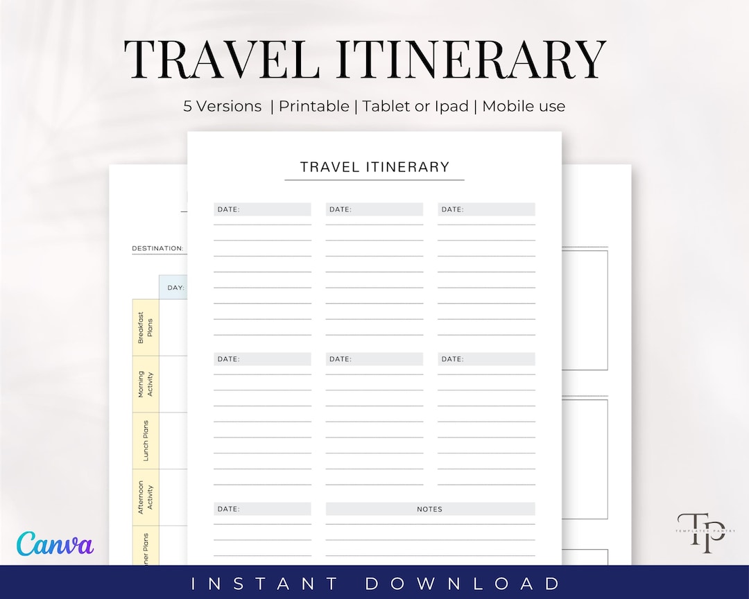 5 Versions Simple Travel Itinerary Printable & Digital Use, Travel ...