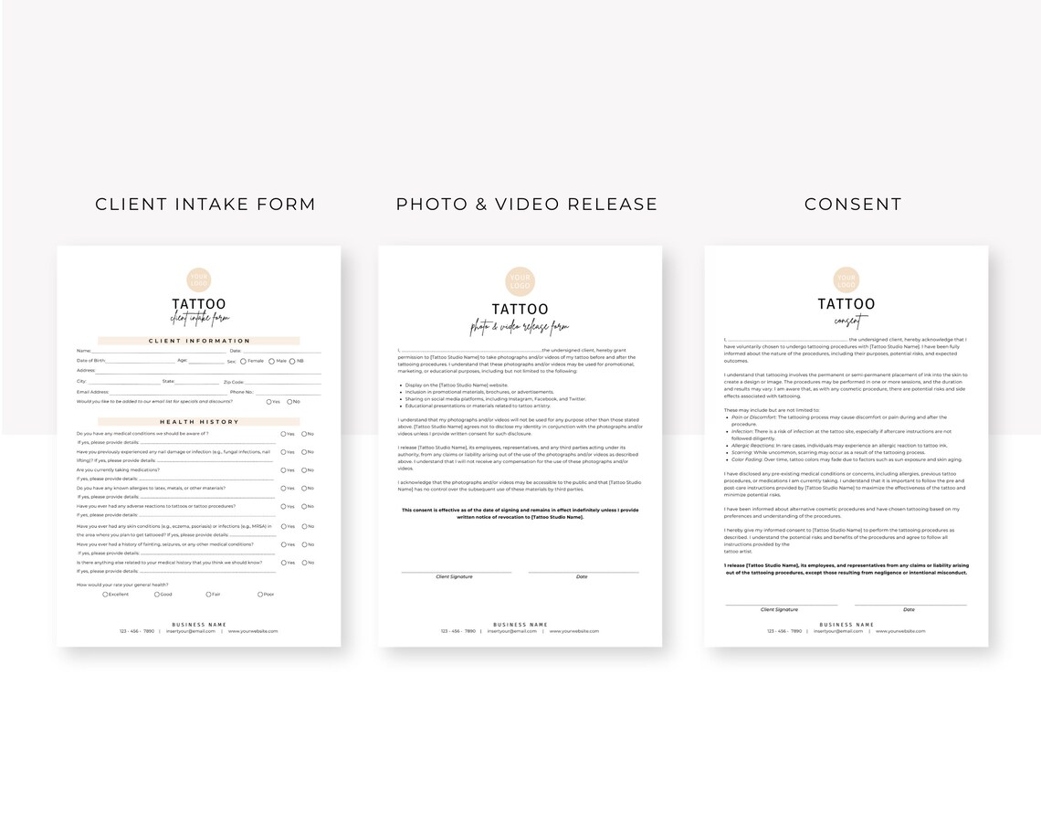 Tattoo Studio Client Forms Bundle, Tattoo Artist Intake Template ...