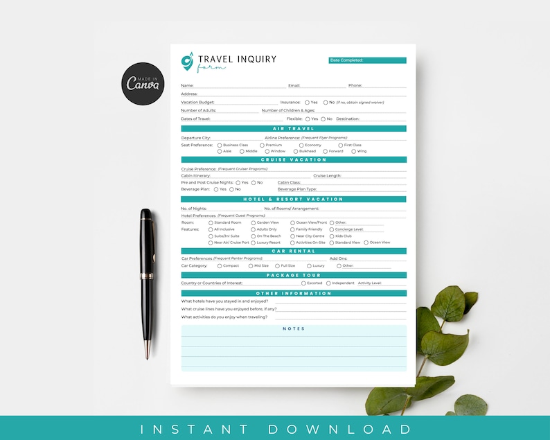 Travel Agent Client Intake Form, Travel Inquiry Form, Client Travel ...