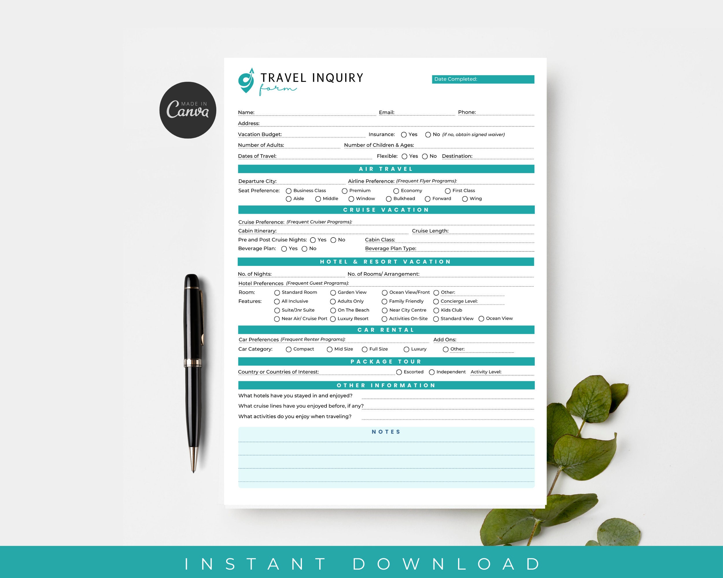 Travel Agent Client Intake Form, Travel Inquiry Form, Client Travel ...