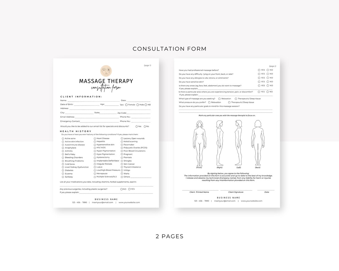 Massage Therapy Forms | Massage Consent | Esthetician Templates ...