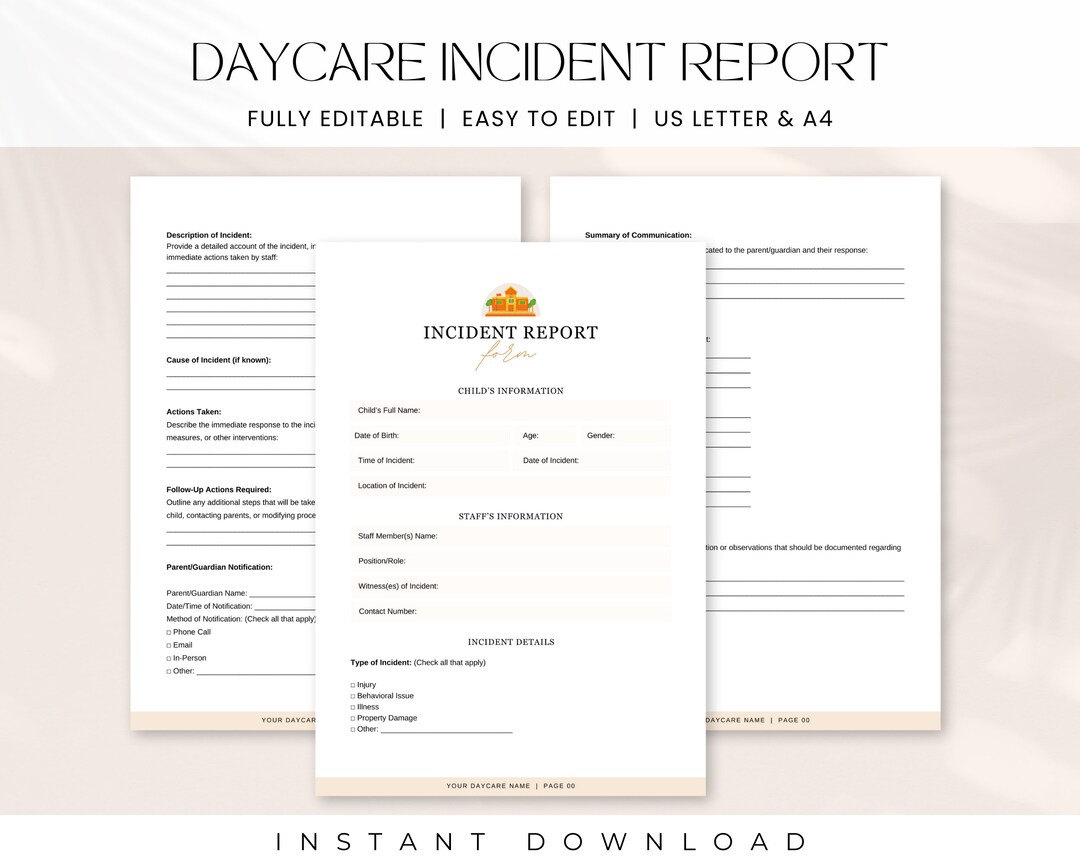 Home Daycare Injury Form I Ouch Report I Incident Report Form I Child ...