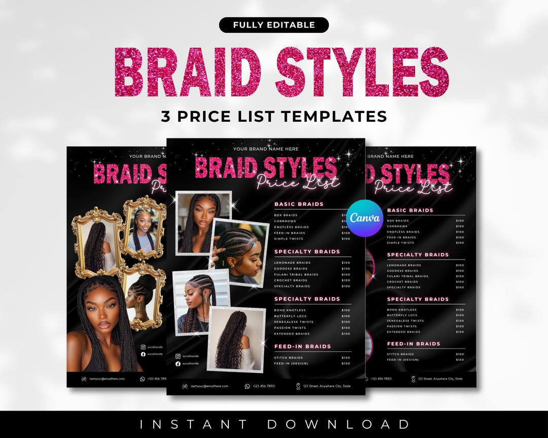 Braid Styles Price List Template, Braids Pricelist, Braiding Service ...