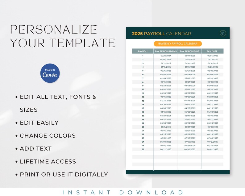 2025 Payroll Calendar, Employee Payroll, Company Calendar, Printable ...