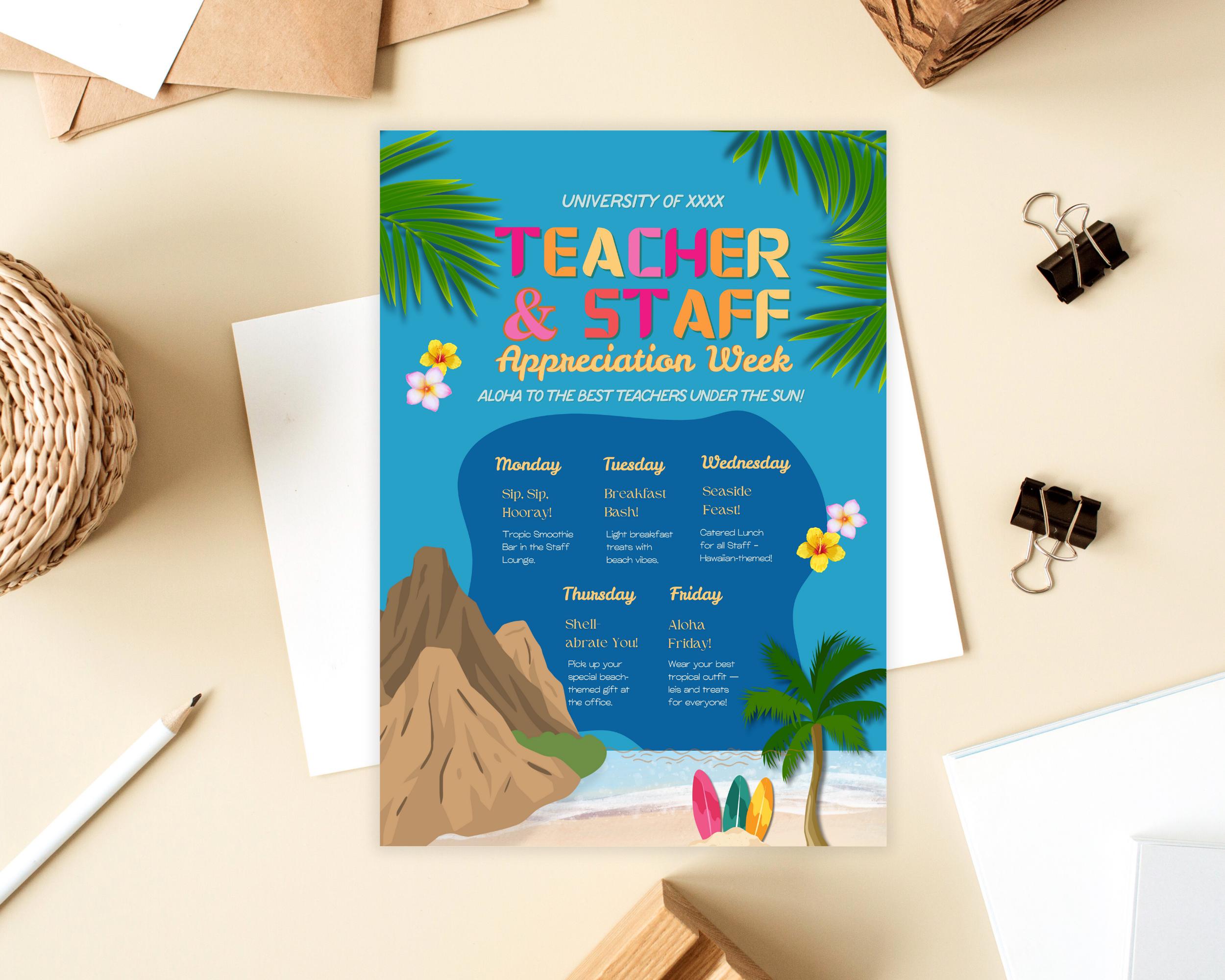 Hawaiian Theme Teacher and Staff Appreciation Week Flyer, Teacher ...