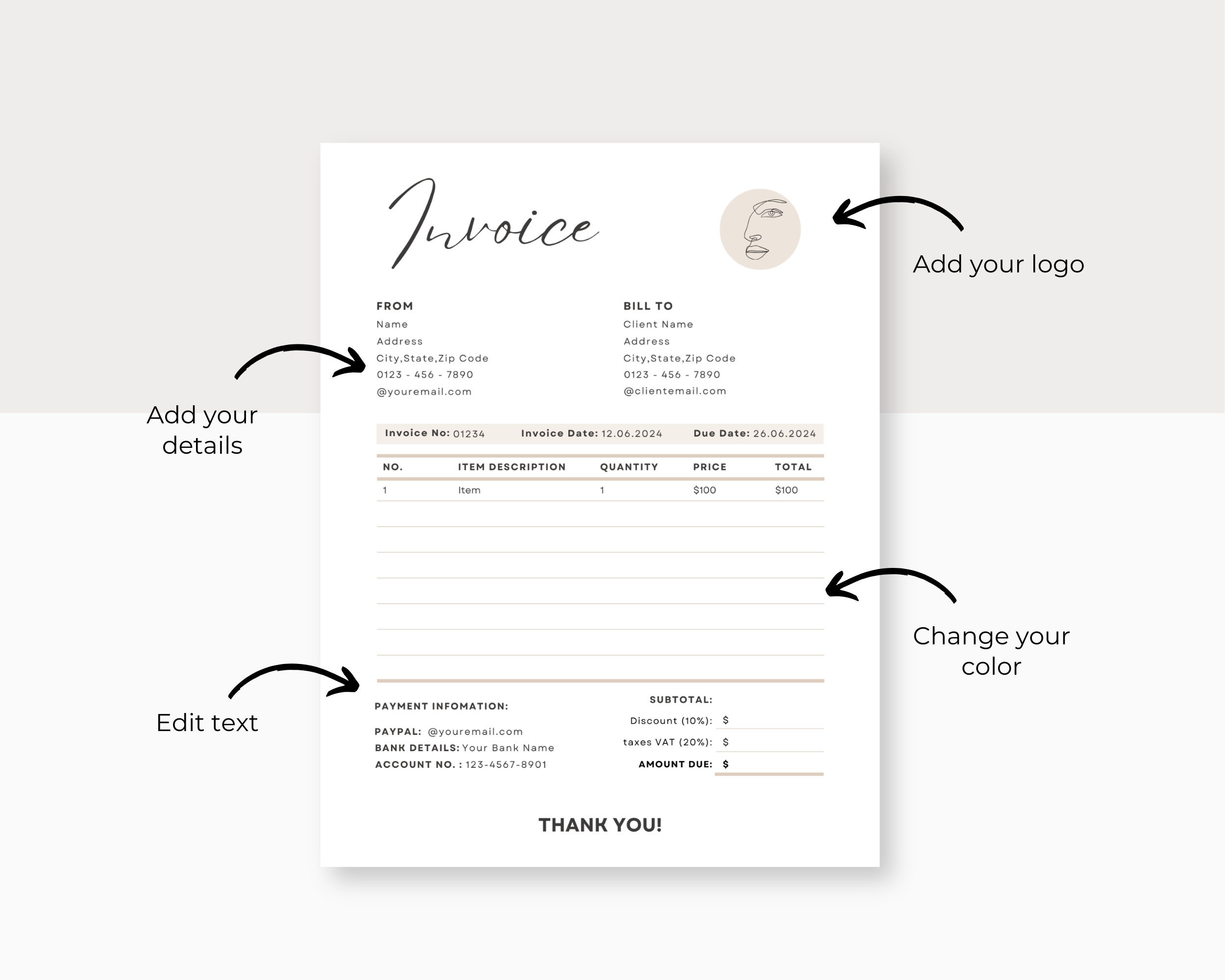 Invoice Template Editable, Small Business Custom Order Form Printable ...