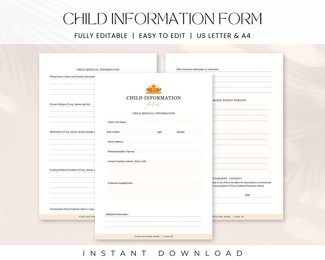 Editable Child Information Form Template, Daycare Information Form ...