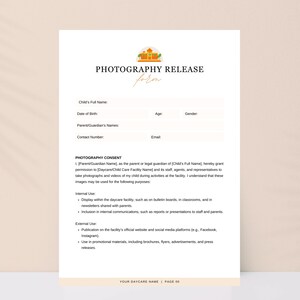 Daycare Photo Release Form, Photo Release, Photo Consent, Daycare Form ...