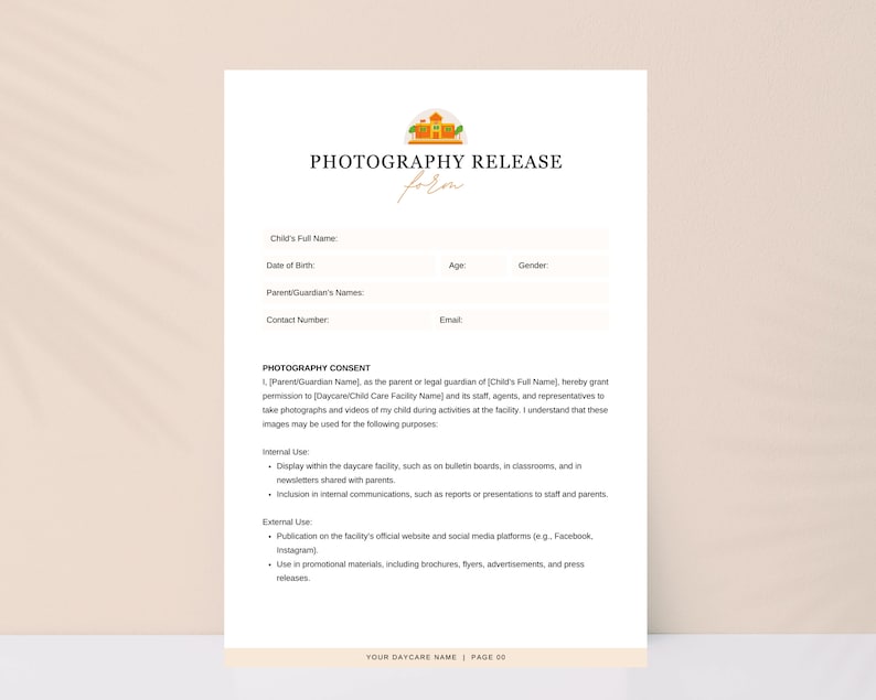 Daycare Photo Release Form, Photo Release, Photo Consent, Daycare Form ...