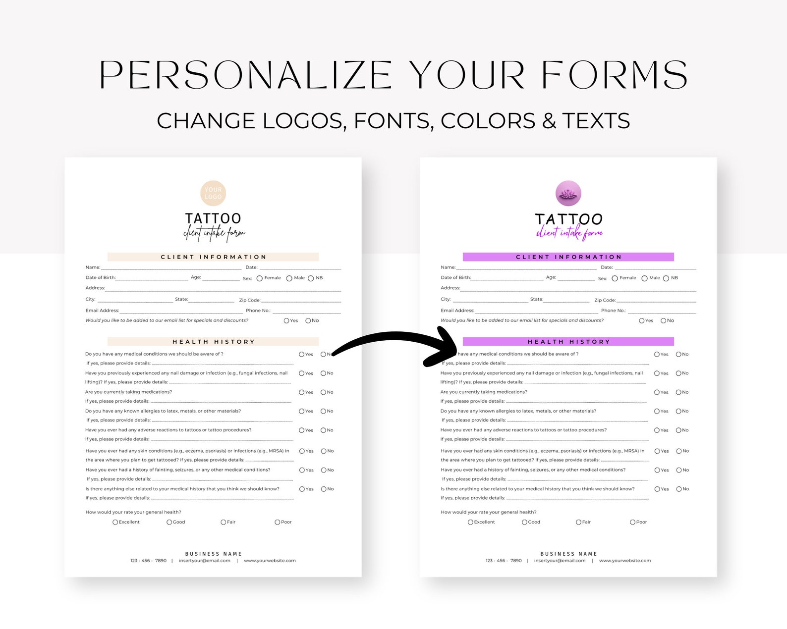 Tattoo Studio Client Forms Bundle, Tattoo Artist Intake Template ...