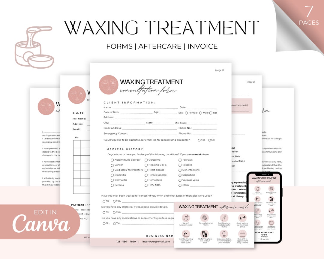 Waxing Treatment Forms - Editable Esthetician Forms Bundle, Waxing ...