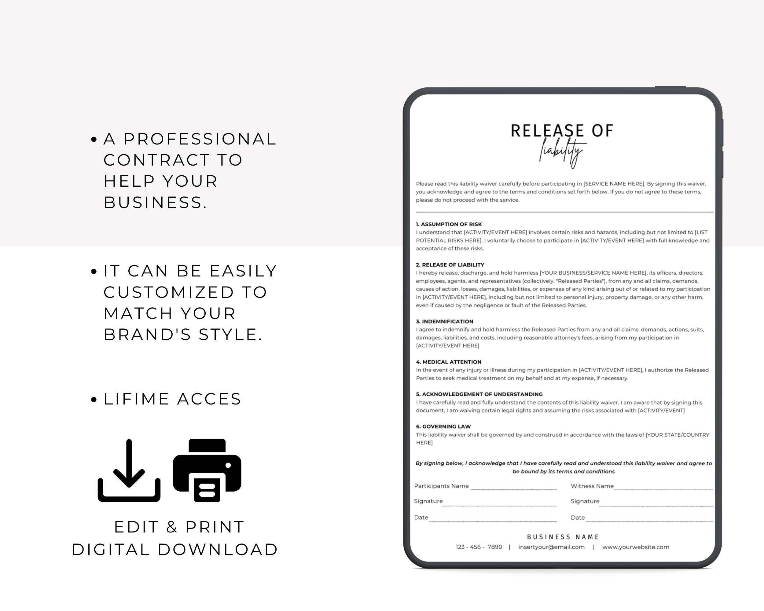 General Liability Waiver Template, Liability Form Agreement, Liability ...