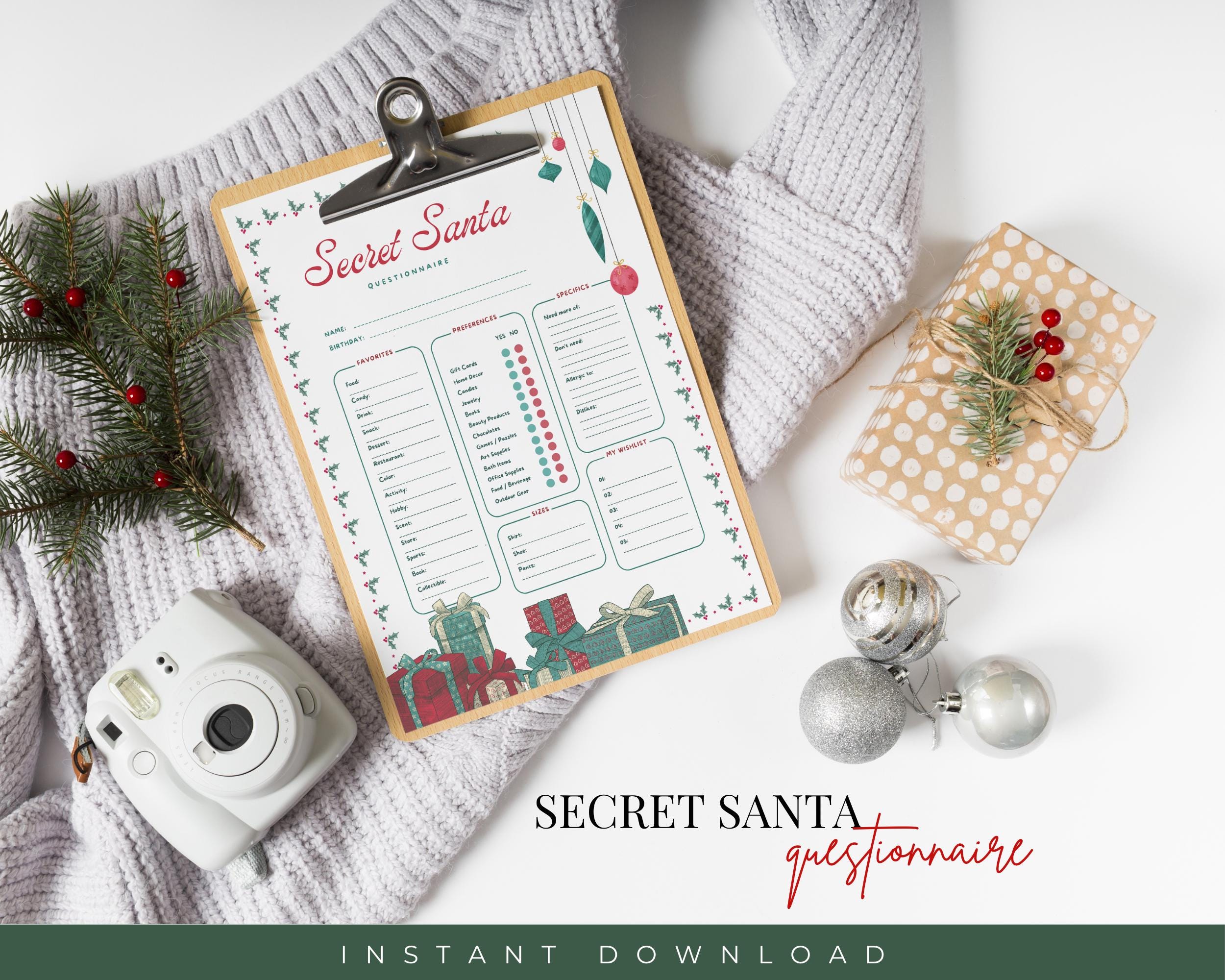Secret Santa Questionnaire Template 3, Christmas Gift Exchange ...