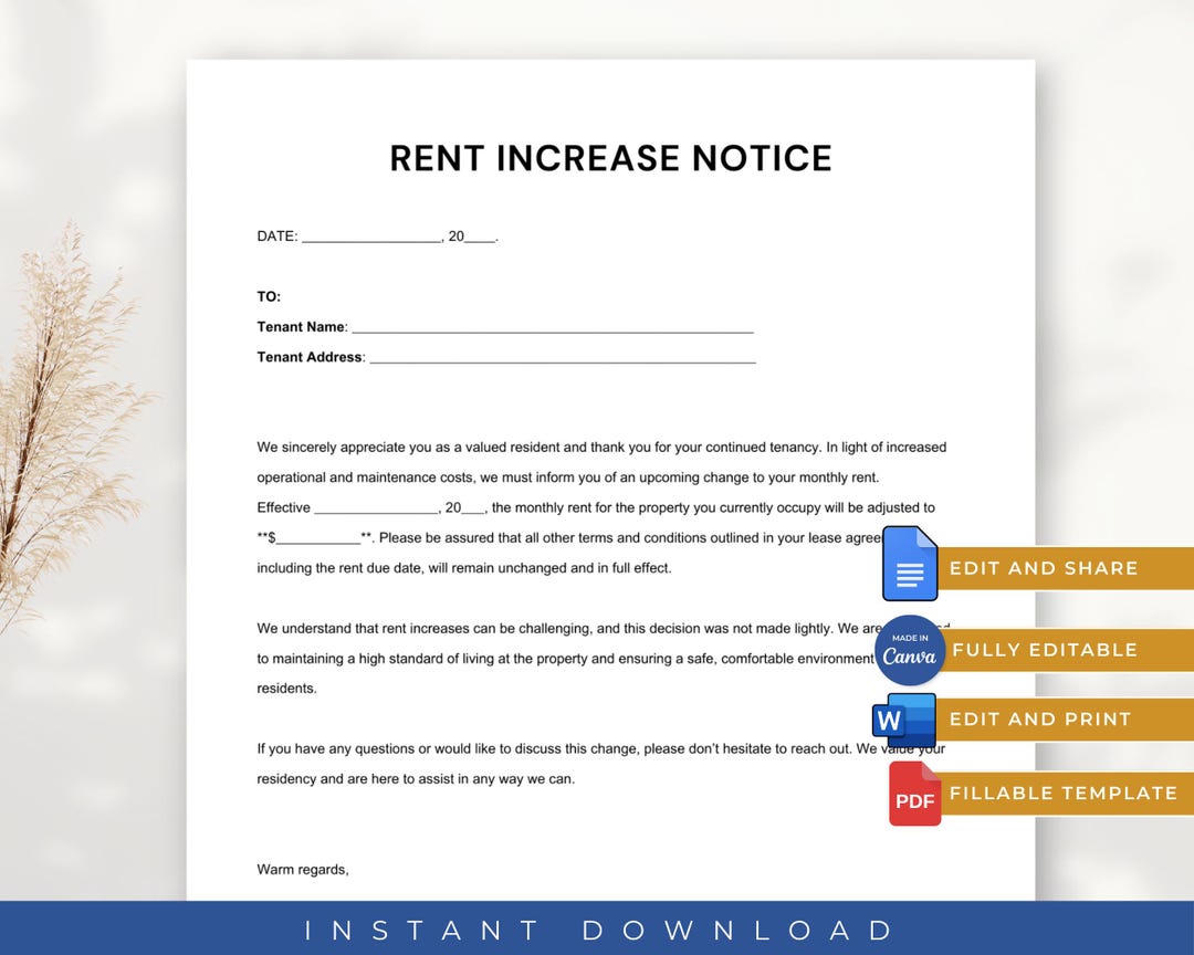 Rental Increase Notice Template Form, Rent Increase Notice, Room for ...