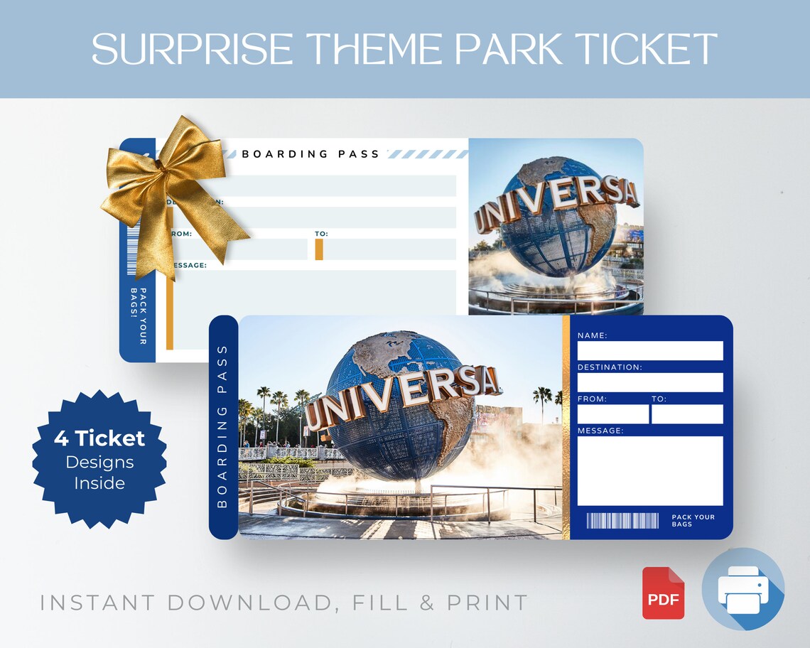 Printable UNIVERSAL STUDIOS Surprise Trip Ticket, Universal Gift Ticket ...