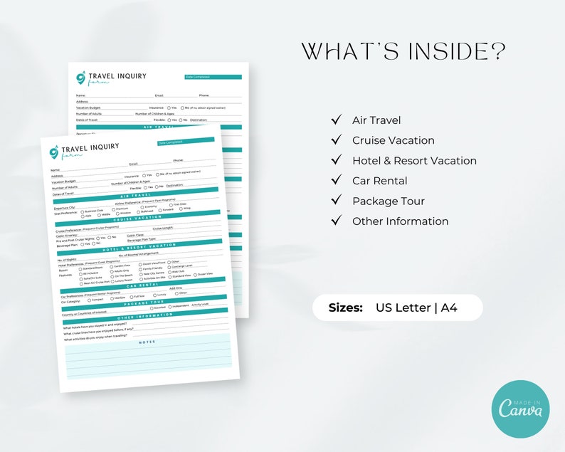 Travel Agent Client Intake Form, Travel Inquiry Form, Client Travel ...