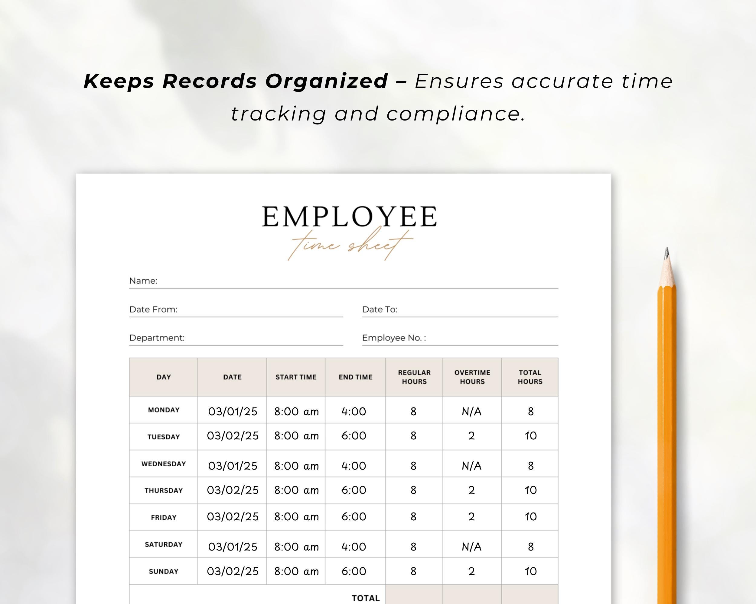 Employee Time Sheet, Editable Time Sheet, Timecard, Printable Timesheet ...