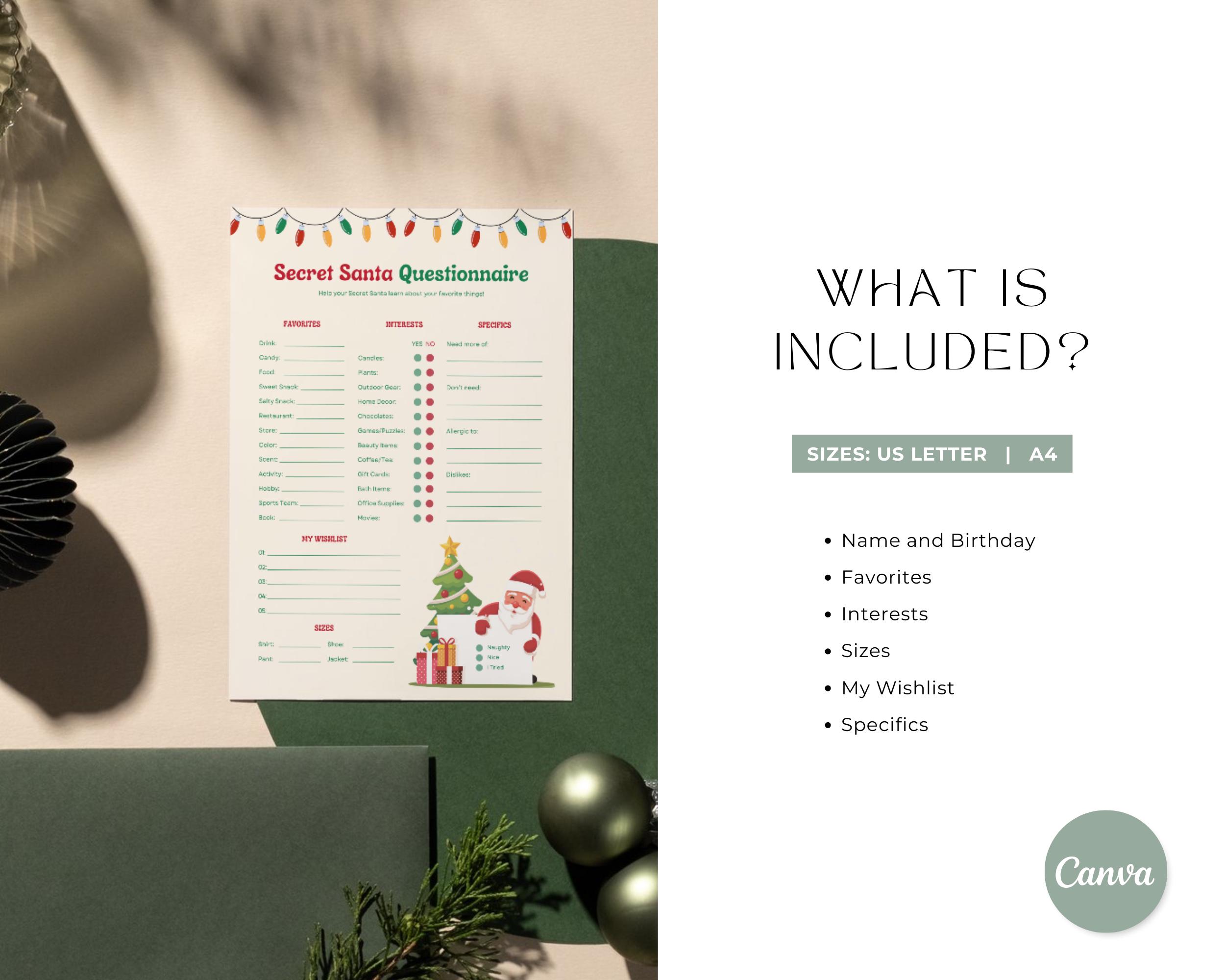 Secret Santa Questionnaire Template 4, Christmas Gift Exchange ...
