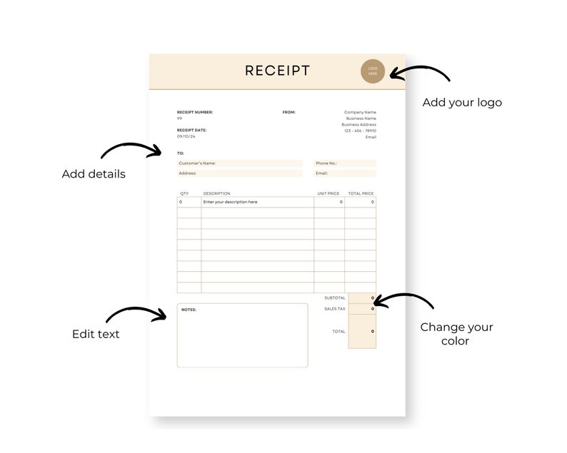 Editable Receipt Template, Printable Receipt Template, Order Form ...