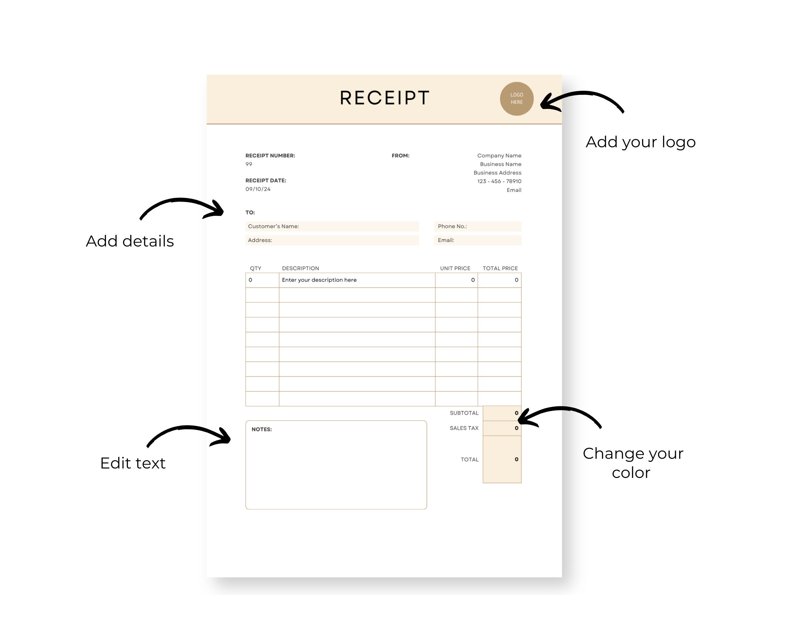Editable Receipt Template, Printable Receipt Template, Order Form ...