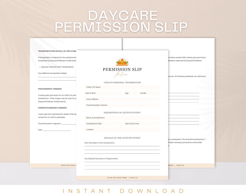 Daycare Permission Form | Childcare Printable Event Permission Slip ...
