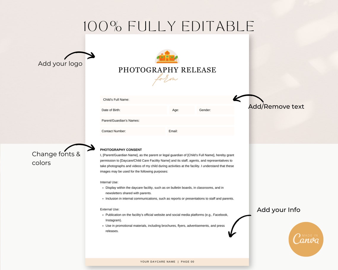 Daycare Photo Release Form, Photo Release, Photo Consent, Daycare Form ...