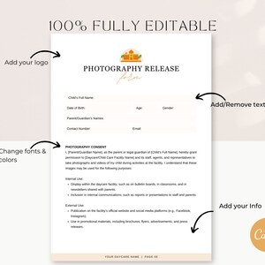 Daycare Photo Release Form, Photo Release, Photo Consent, Daycare Form ...