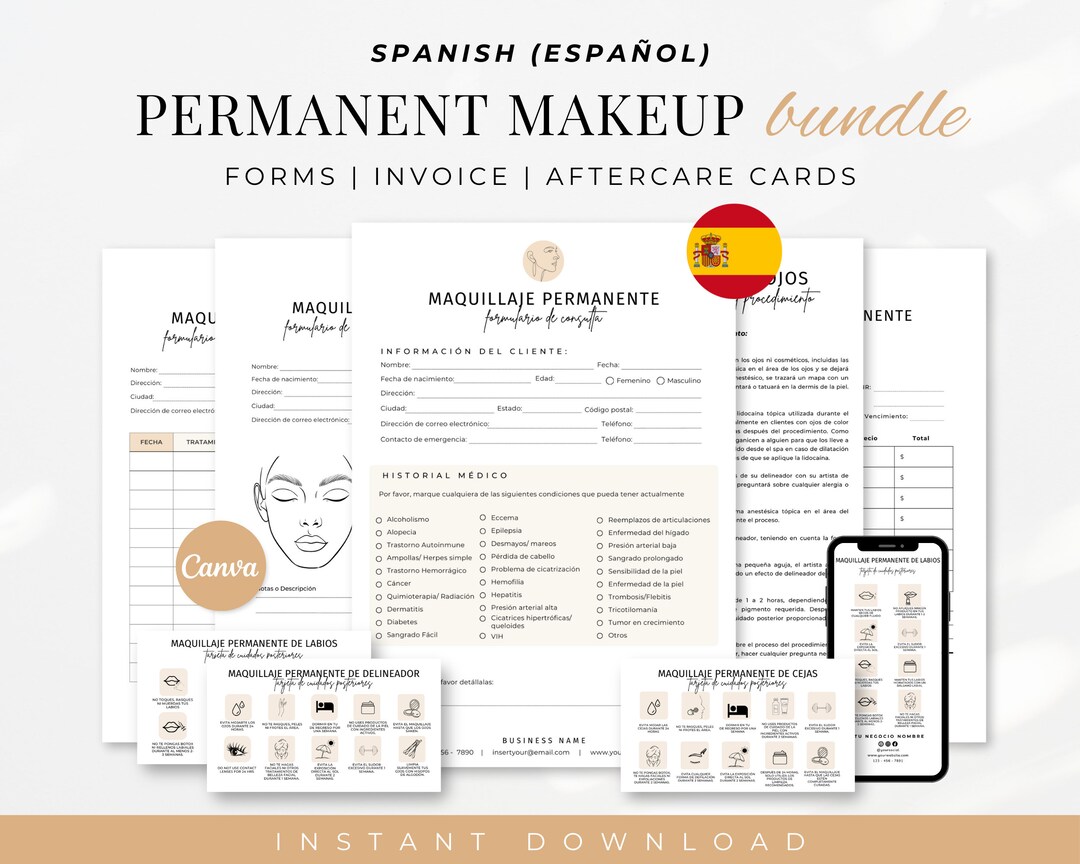 Spanish Permanent Makeup Forms, PMU Consent Form Aftercare Card, Makeup ...