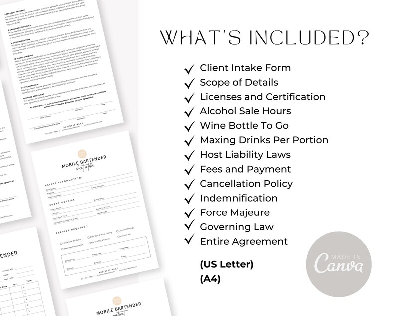 Mobile Bar Contract Template, Canva Editable Bartender Contract, Mobile ...