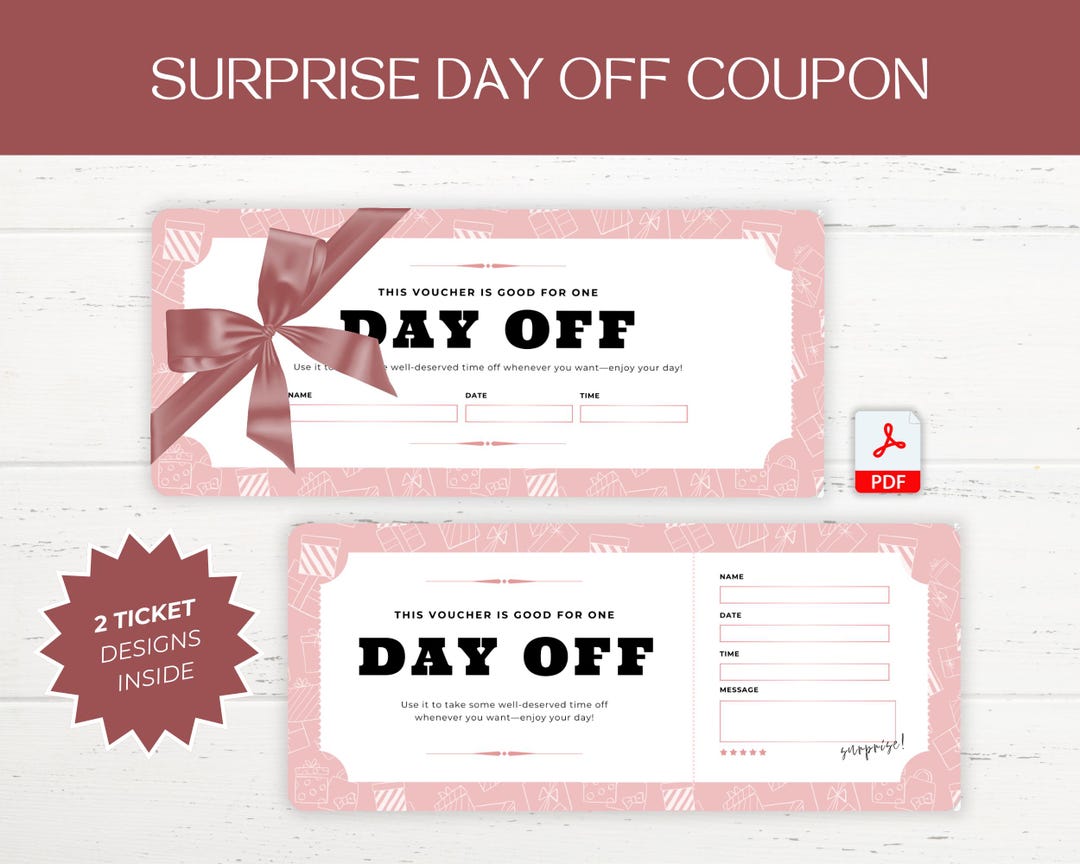 Printable DAY OFF Coupon Certificate, Editable Voucher Personalized ...
