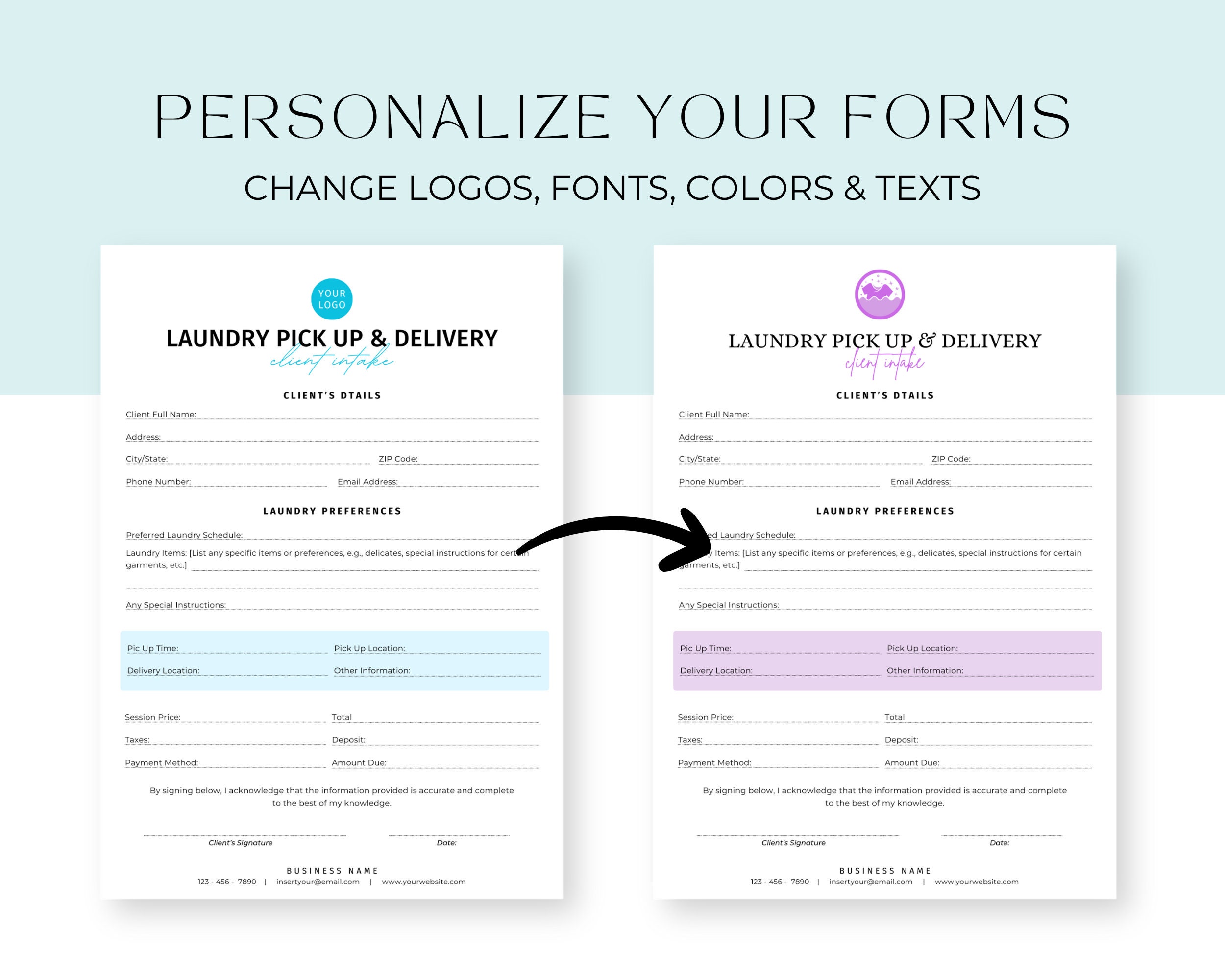 Editable Laundry Pick up & Delivery Services Forms Templates, Pick and ...