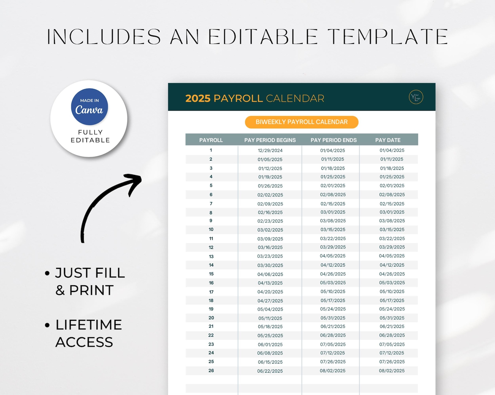 2025 Payroll Calendar, Employee Payroll, Company Calendar, Printable ...