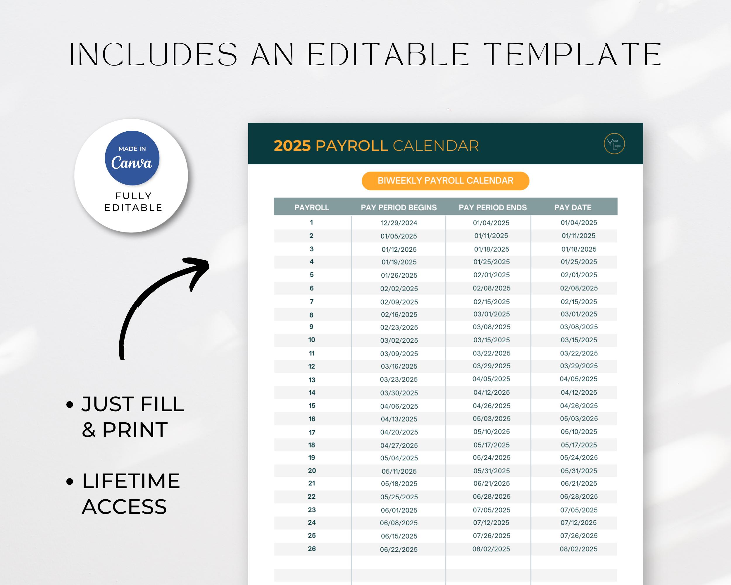 2025 Payroll Calendar, Employee Payroll, Company Calendar, Printable ...