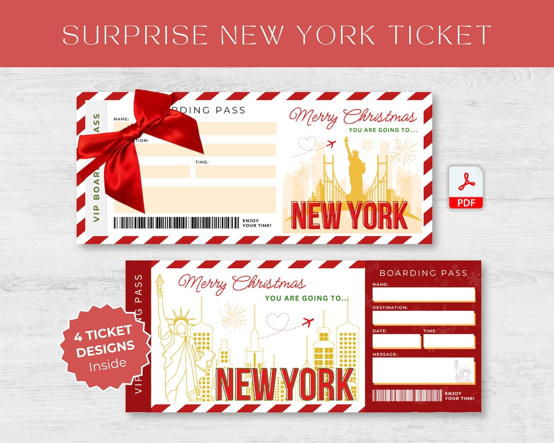 Boleto sorpresa navideño para Nueva York, tarjeta de embarque para Nueva York, viaje sorpresa a ...