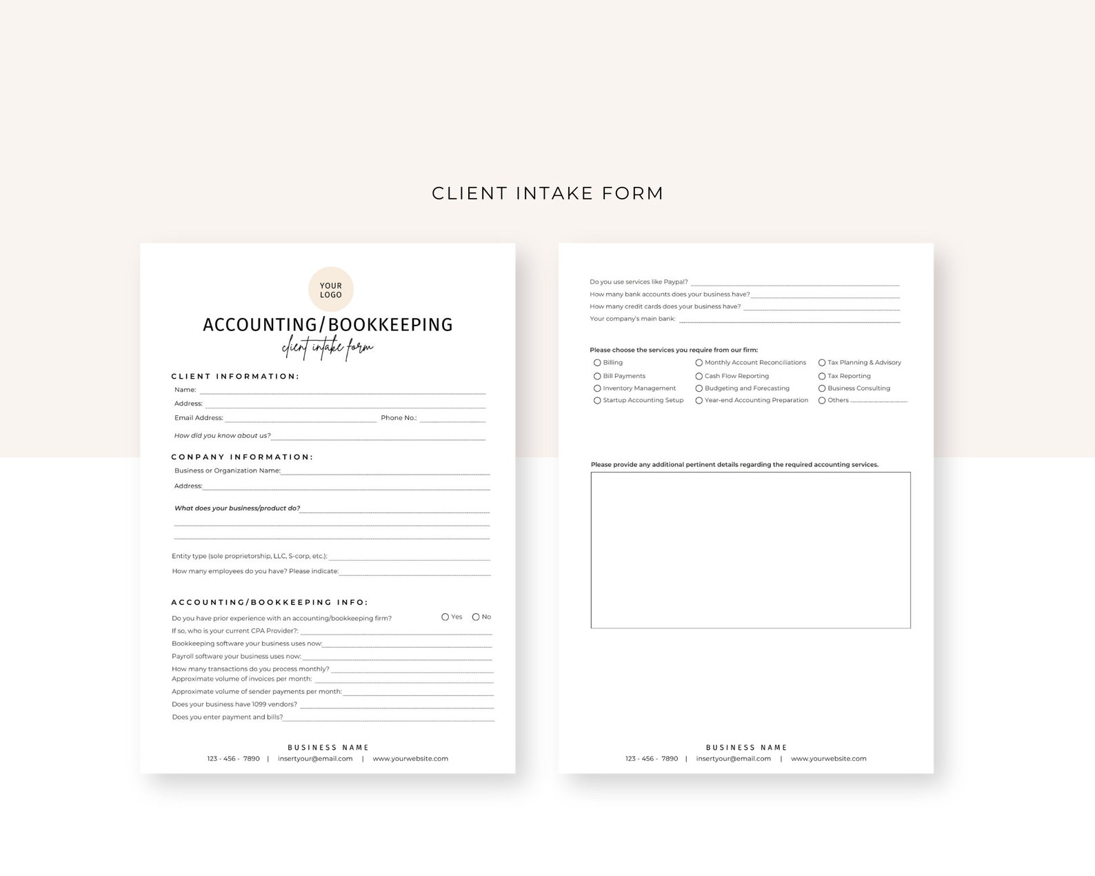 Editable Accounting & Bookkeeping Intake Form Template, Freelance ...