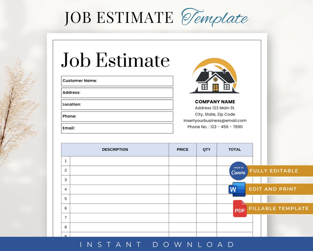 Job Estimate Template, Printable Job Estimate Template PDF, Editable ...