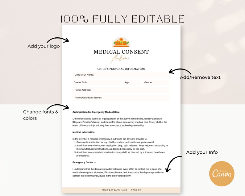 Child Medical Consent Form, in Case of Emergency, Printable Medical ...