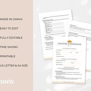 Child Care Authorization Form, Child Information Sheet, Daycare ...